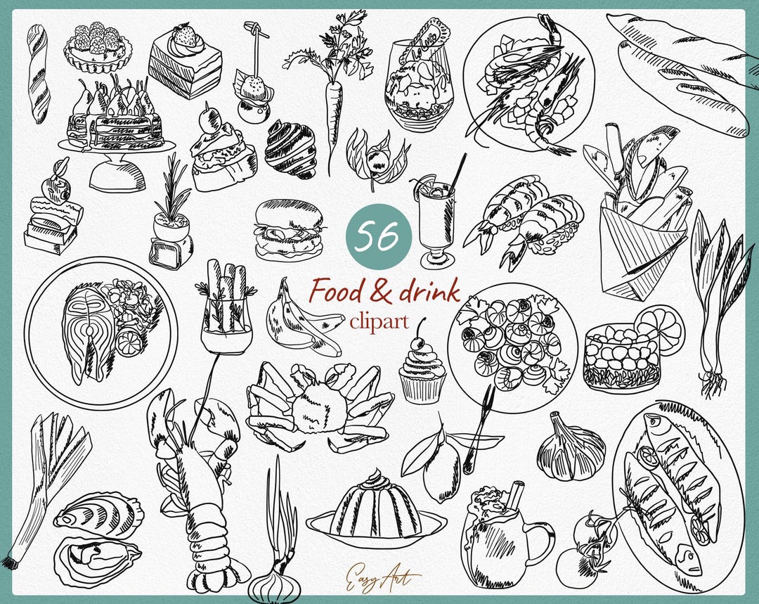 Hand Drawn Food SVG, Outline Wedding Menu, Menu Illustration, Doodle ...