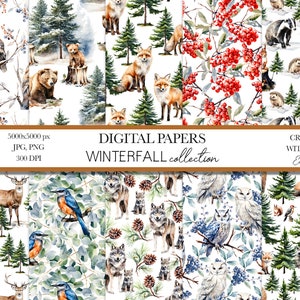 Watercolor Forest Animals Digital Paper, Watercolor Landscape, Winter ...