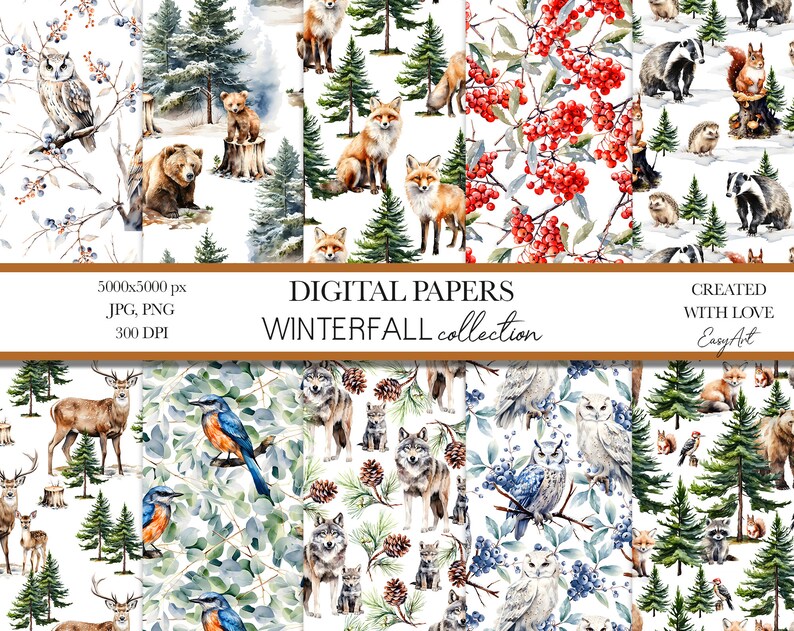 Watercolor Forest Animals Digital Paper, Watercolor Landscape, Winter ...