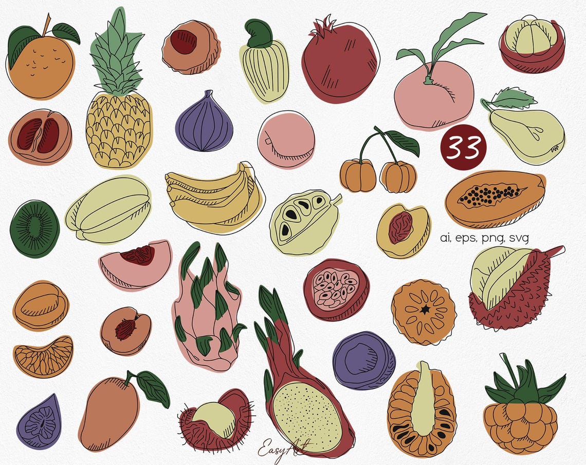 Summer Fruit Color Clipart, Hand Draw SVG, Fruit Logo Clipart, Food ...