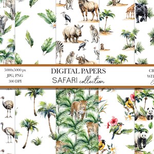 Watercolor Safari Animals Digital Paper, Watercolor Jungle Animals ...