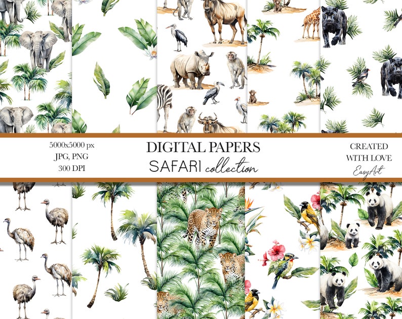 Watercolor Safari Animals Digital Paper, Watercolor Jungle Animals ...