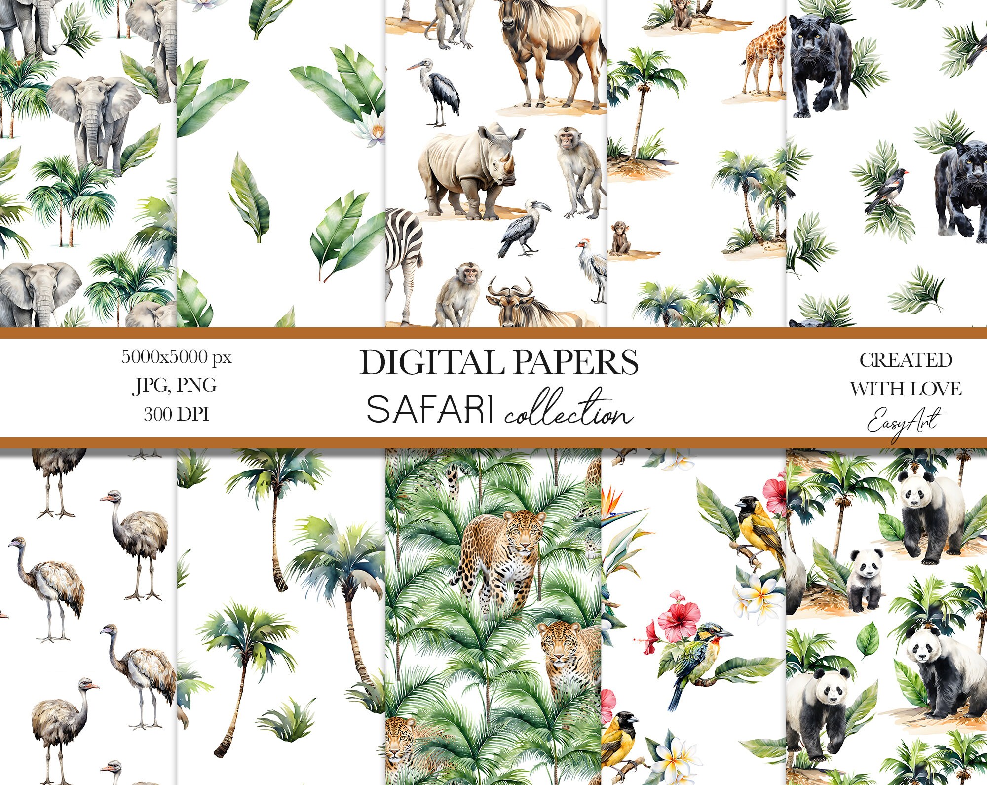 Watercolor Safari Animals Digital Paper, Watercolor Jungle Animals ...