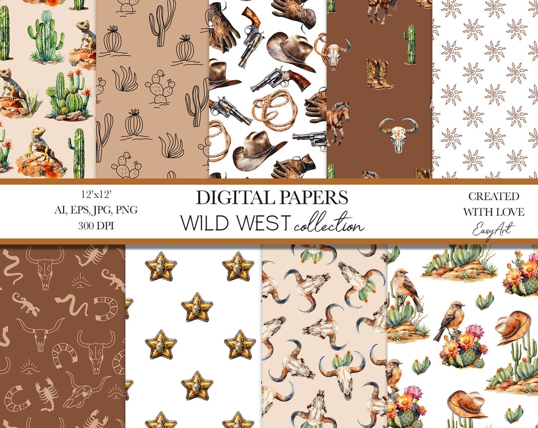 Wild West Watercolor Digital Paper, Western Seamless Pattern, Cowboy ...