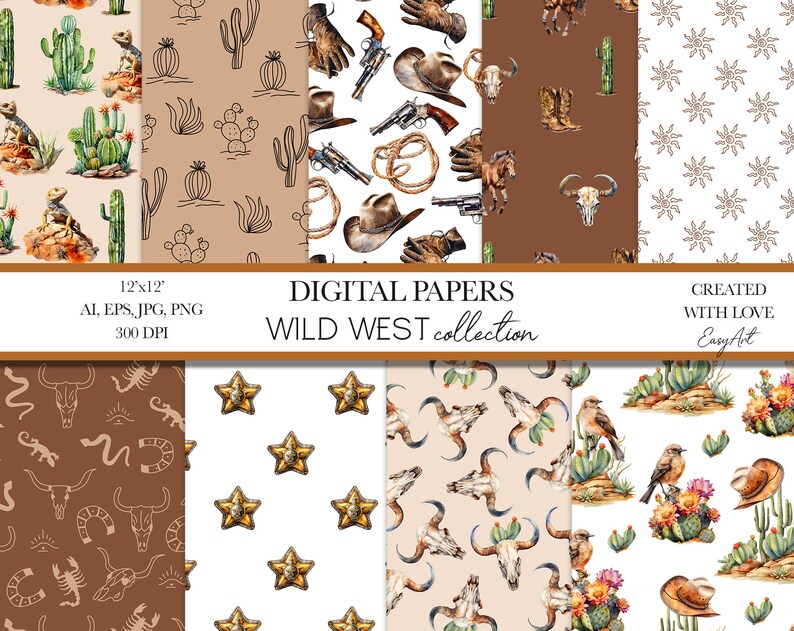 Wild West Watercolor Digital Paper, Western Seamless Pattern, Cowboy ...