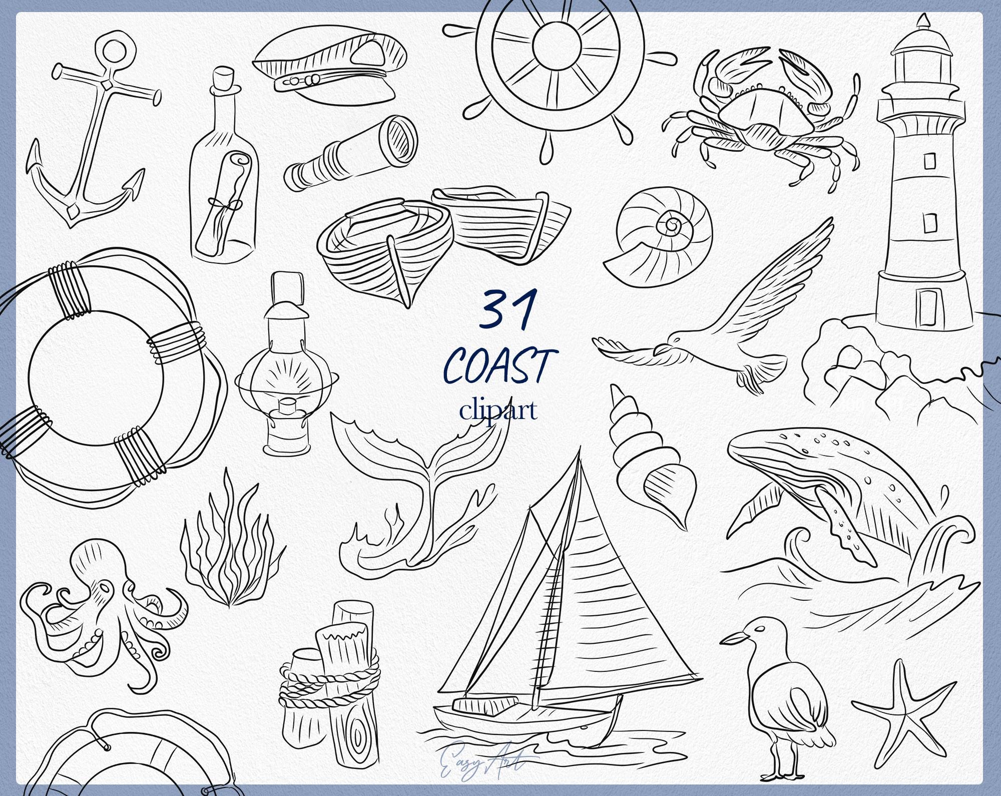Line Coast Clipart, Hand Draw SVG, Outline Shell PNG, Invitation ...