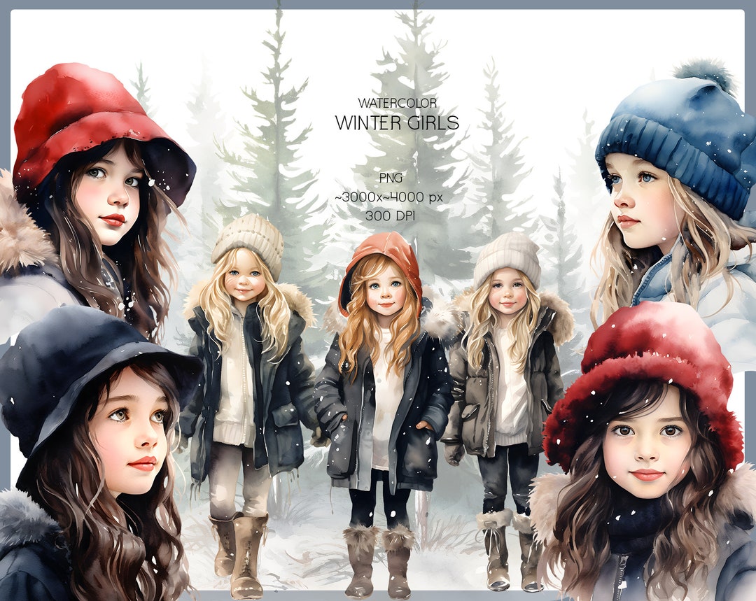 Watercolor Winter Girls Clipart, Forest Landscape Clipart, Watercolor ...