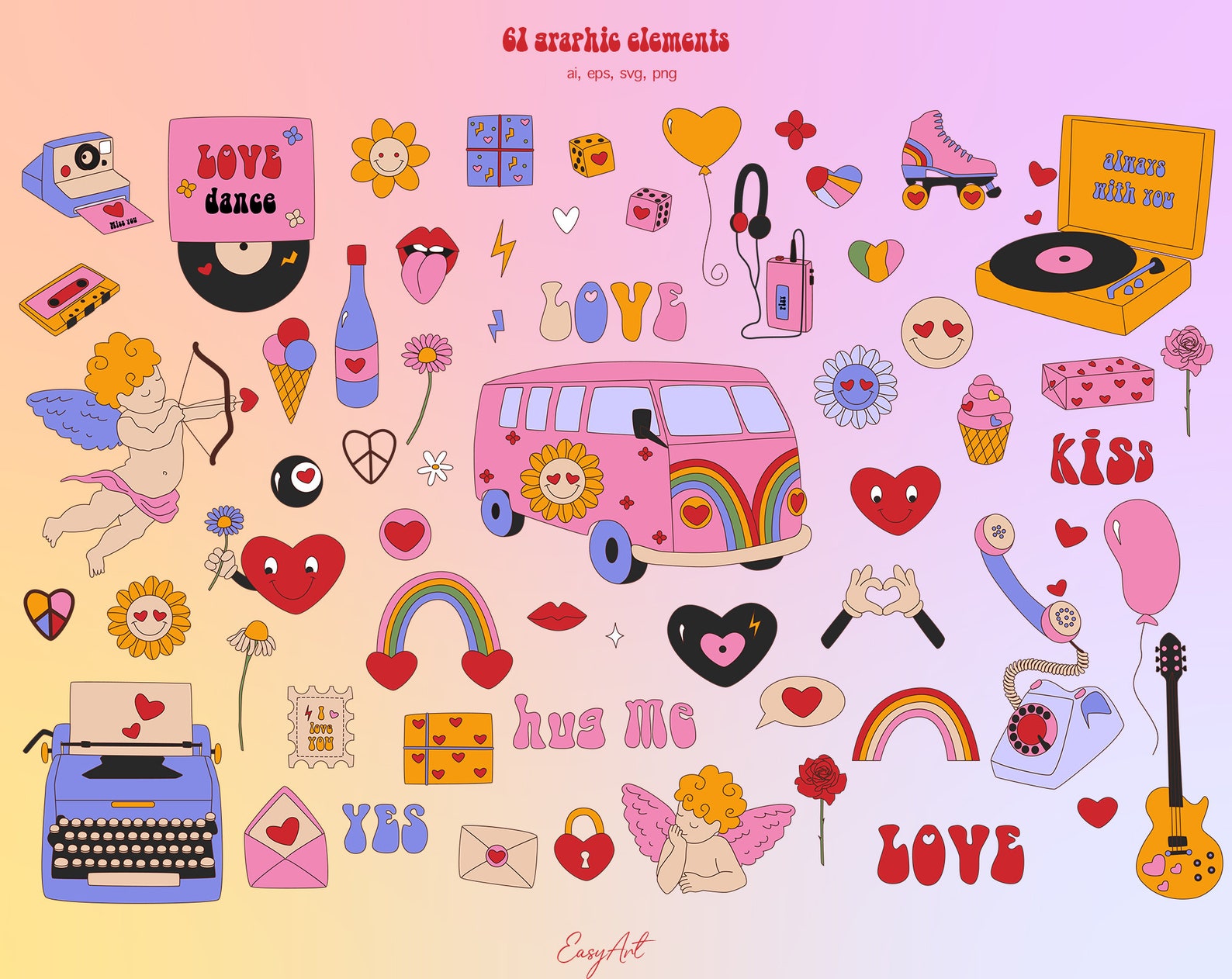 Valentines Day Retro Clipart, Groovy Heart SVG, 70's Clipart, Vintage ...