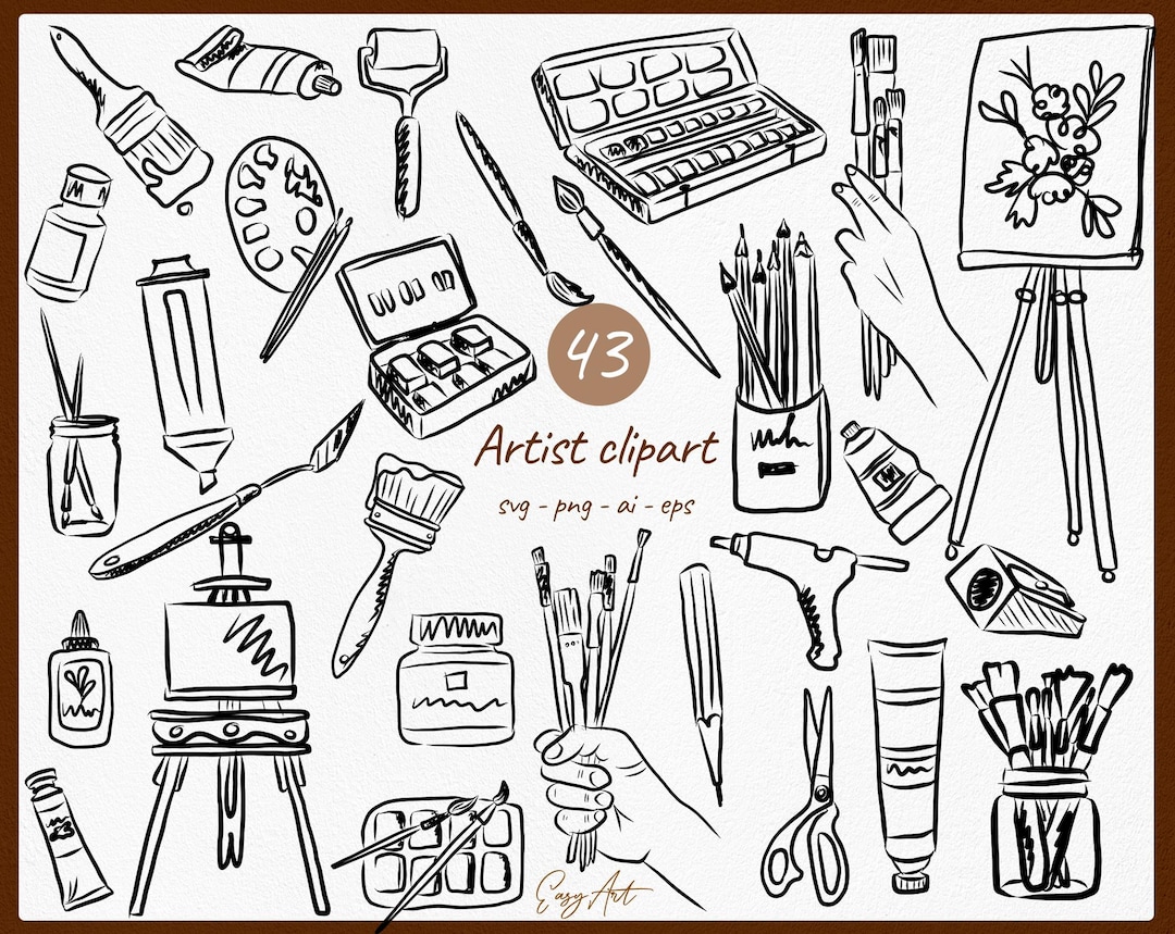 Hand Drawn Artist Illustration Bundle Set, SVG, PNG, Outline Art ...