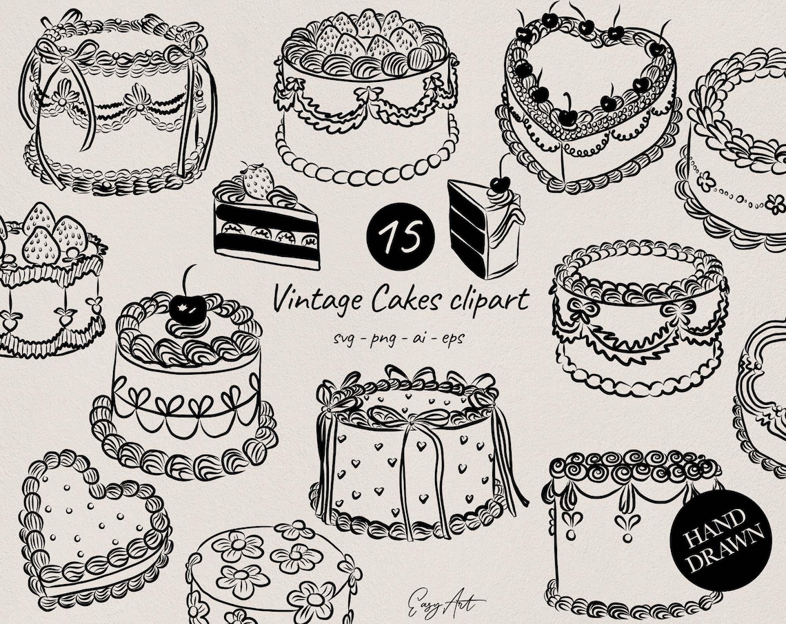 Hand Drawn Retro Cakes Illustration Bundle Set, Vintage Cakes, Heart ...