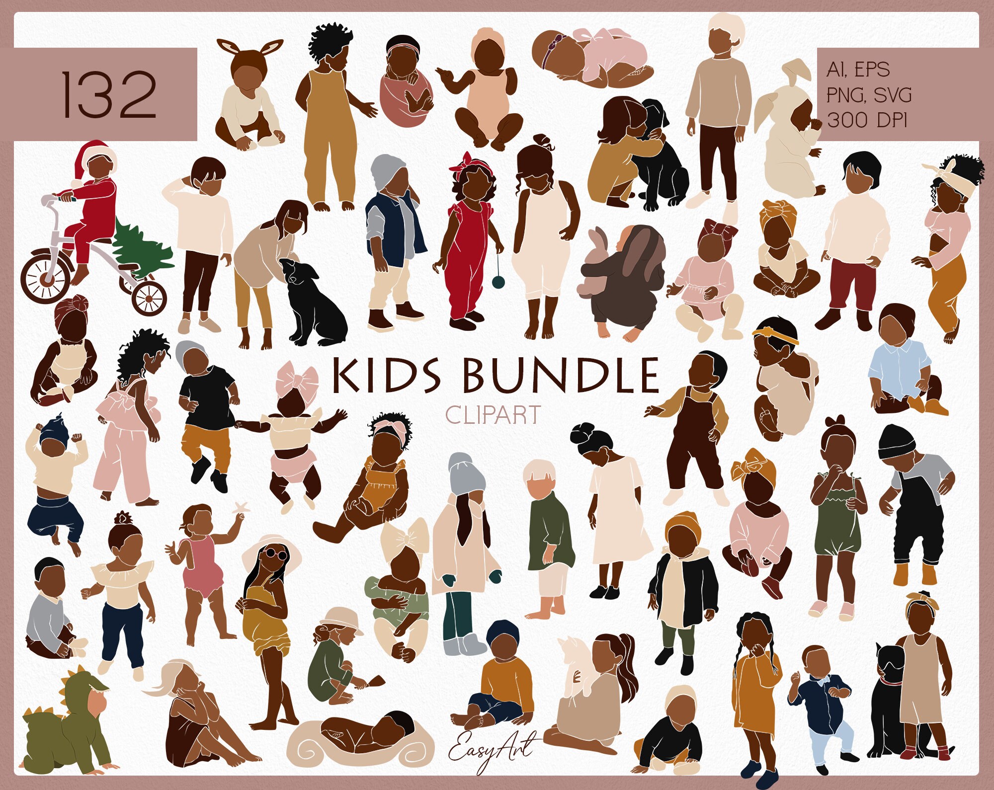 132 Kids Vector Bundle, Newborn Baby SVG, Kids Clipart, Black Kids SVG ...