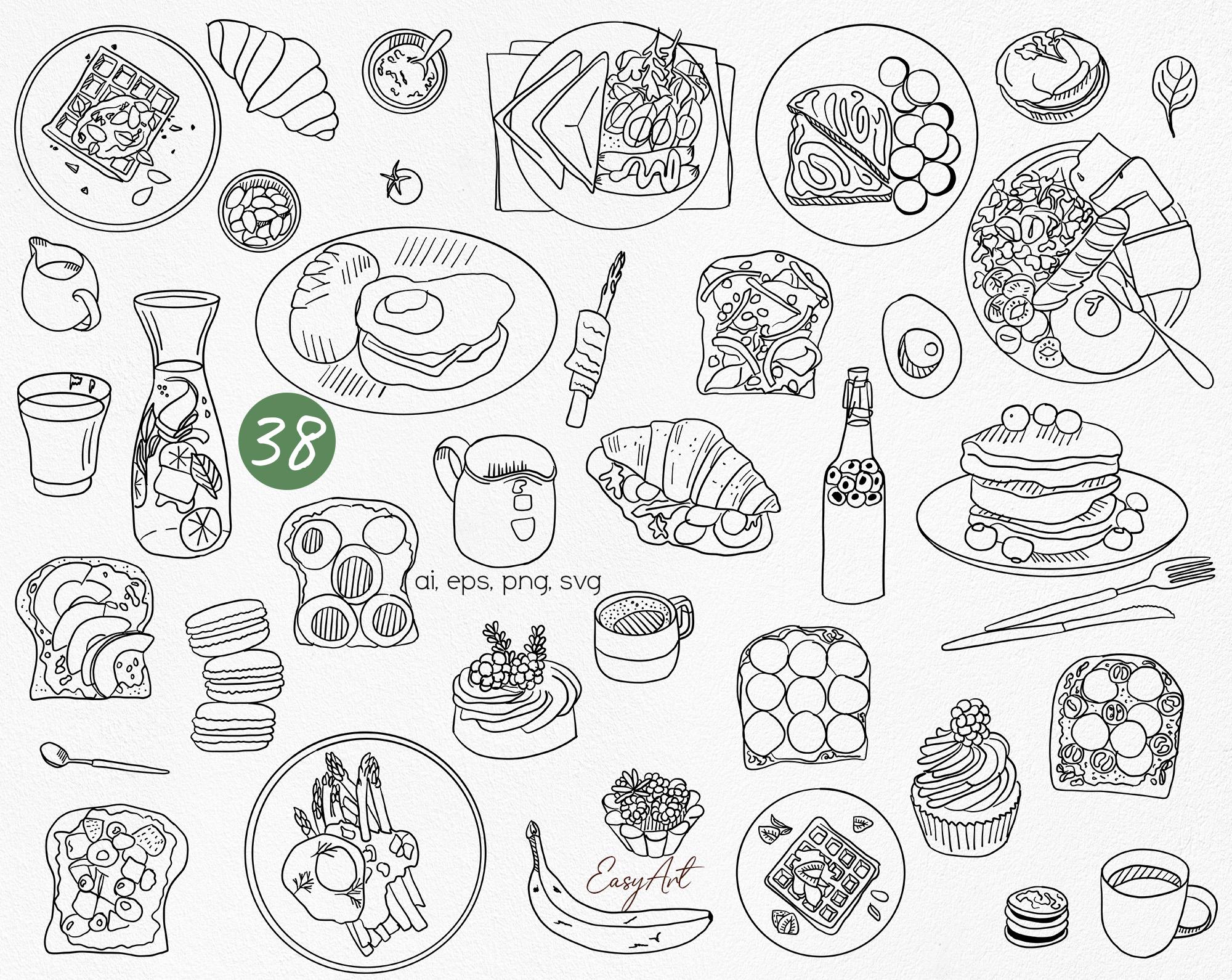 Breakfast Line Clipart, Hand Draw SVG, Outline Restaurant Menu Clipart ...