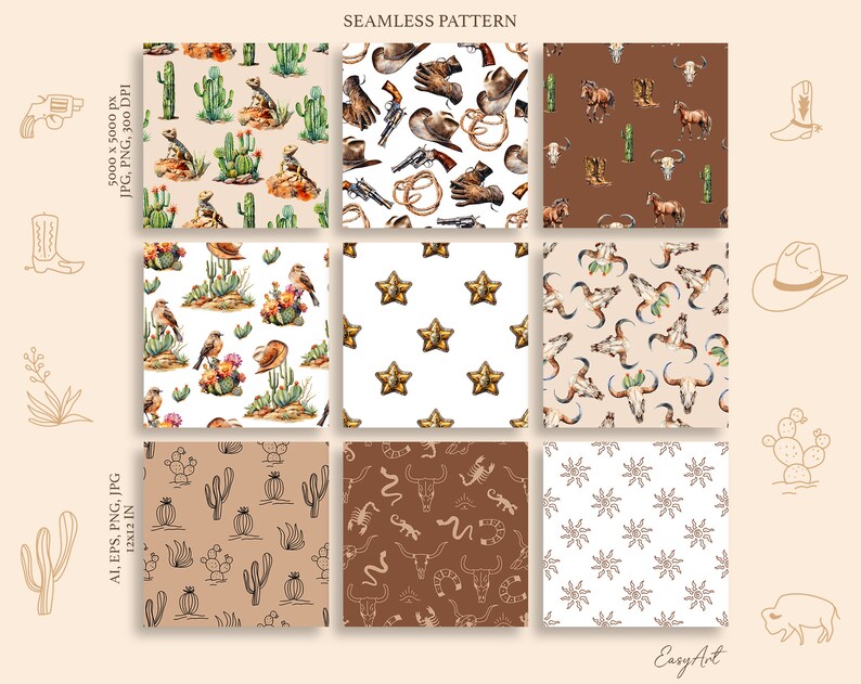 Wild West Watercolor Digital Paper, Western Seamless Pattern, Cowboy ...