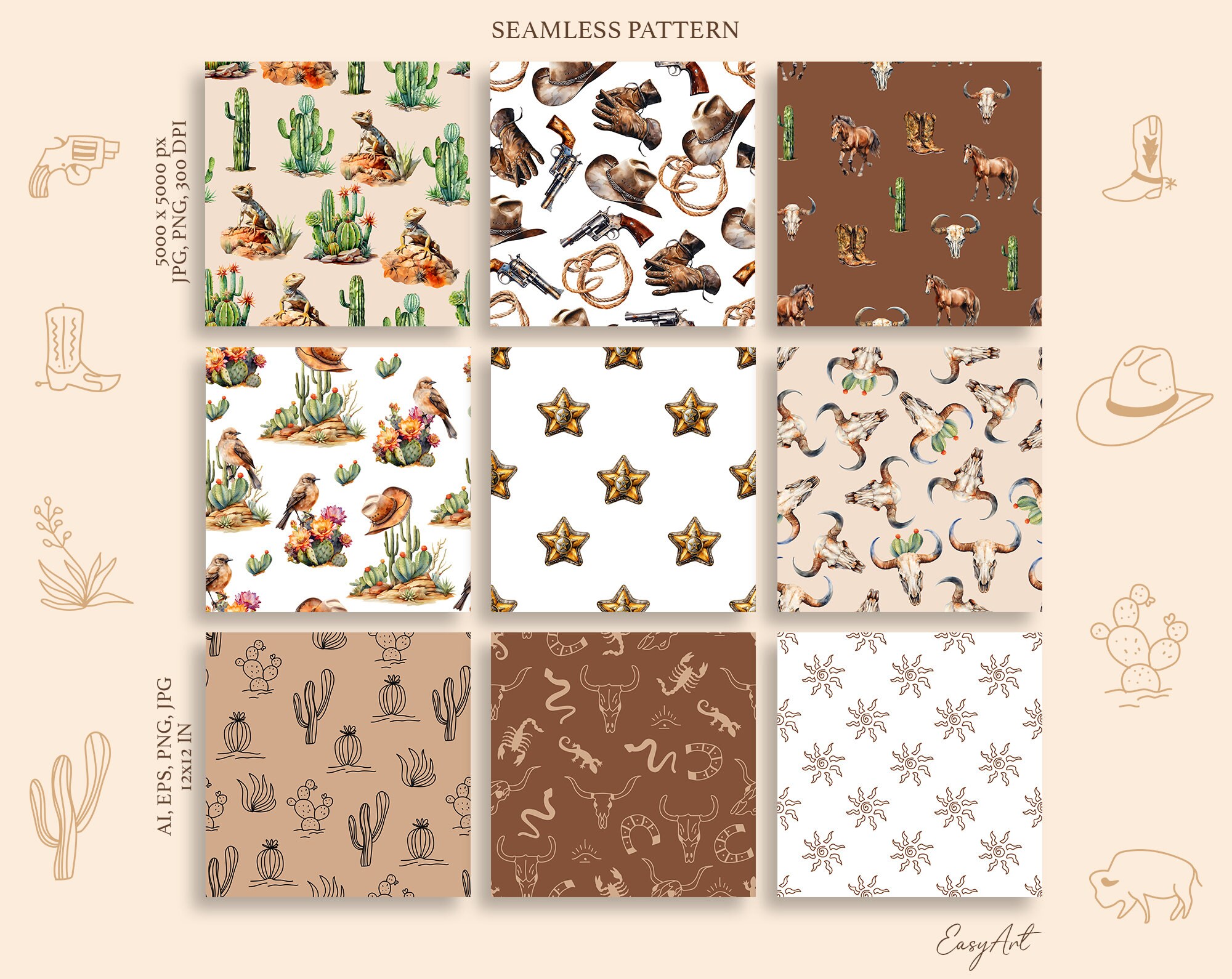 Wild West Watercolor Digital Paper, Western Seamless Pattern, Cowboy ...