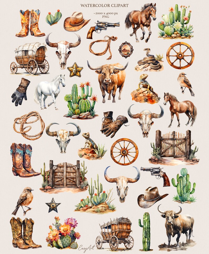 Wild West Watercolor Clipart, Western SVG, Cowboy Clipart, Watercolor ...