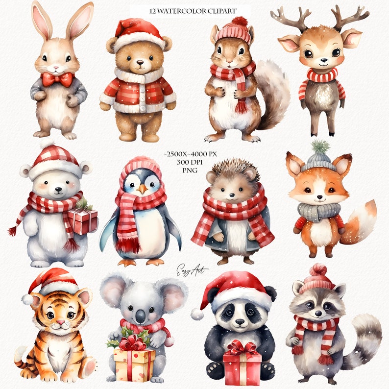 Watercolor Christmas Animals Clipart, Christmas Cute Animals PNG ...