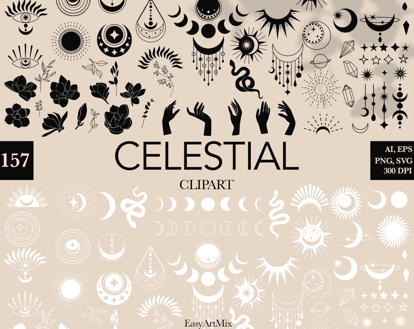 Celestial Clipart, Mystical Vector Icons, Sun and Moon Vector Clipart ...