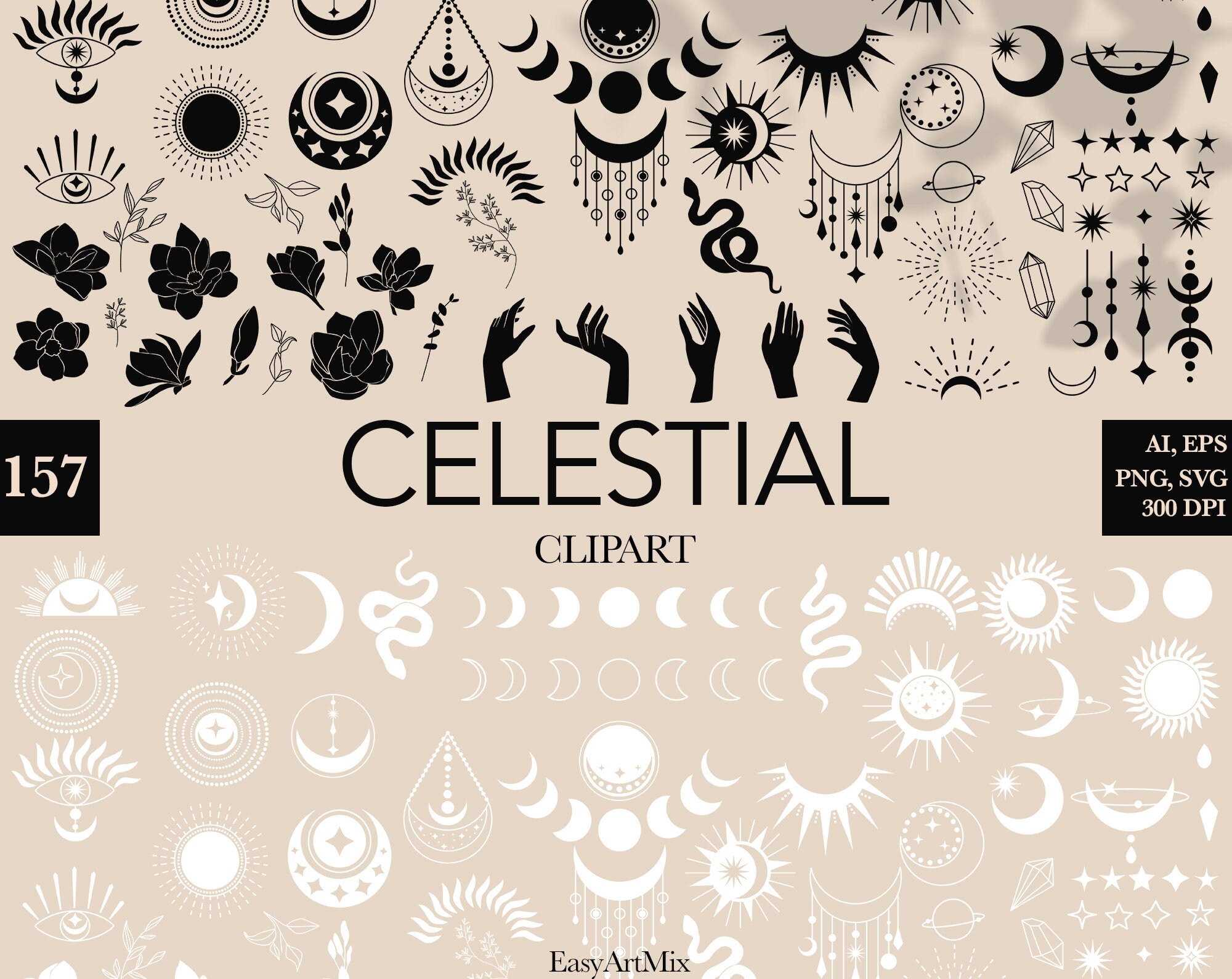 Celestial Clipart, Mystical Vector Icons, Sun and Moon Vector Clipart ...