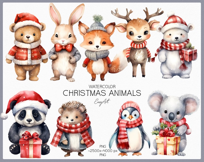 Watercolor Christmas Animals Clipart, Christmas Cute Animals PNG ...