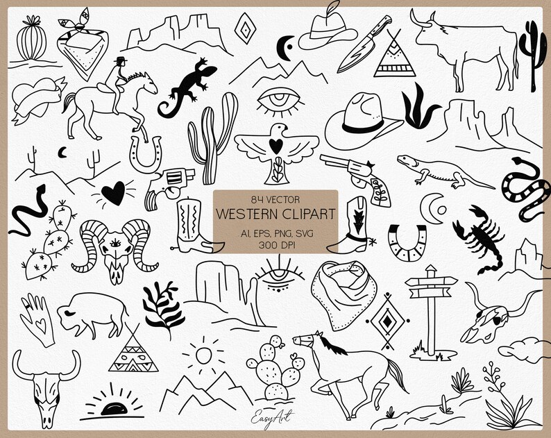 Wild West Clipart, Black Western SVG, Skull Bull Clipart, Cactus ...