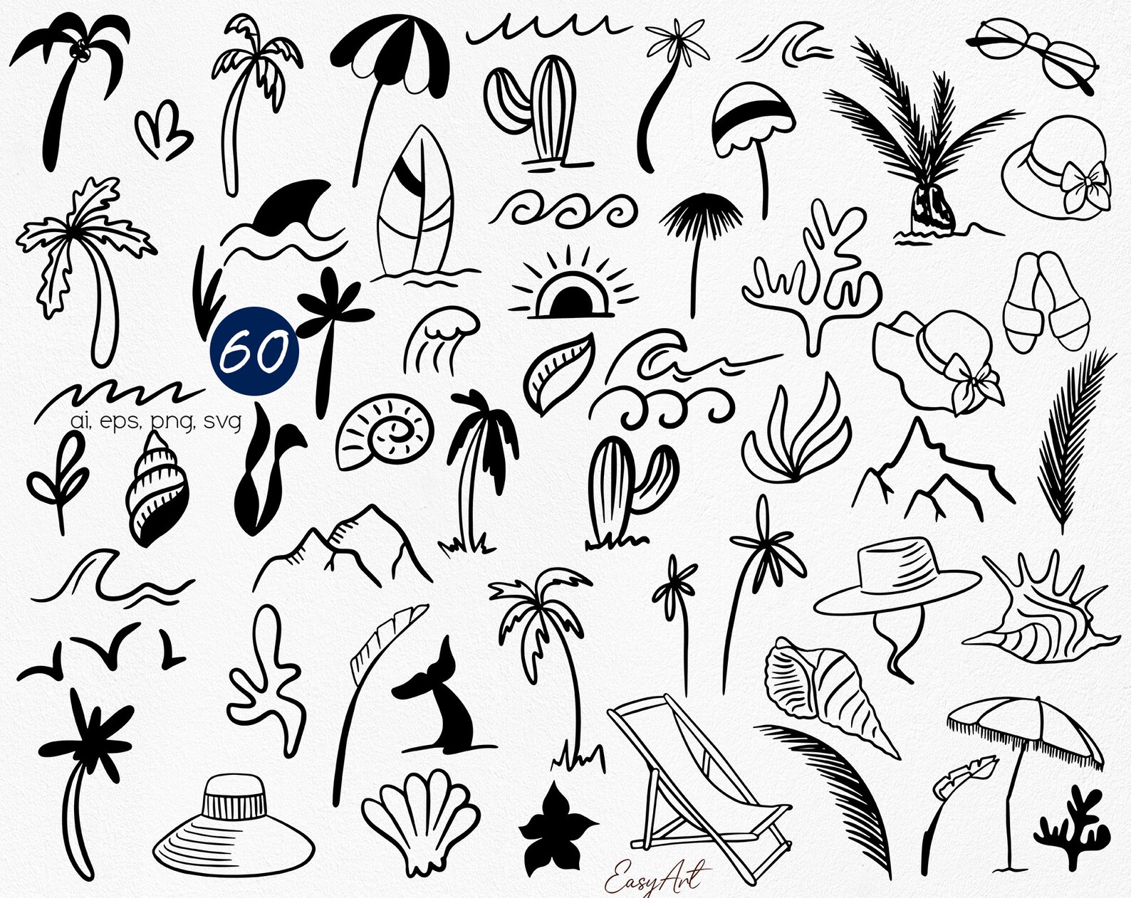Summer Line Clipart, Hand Draw SVG, Outline Logo Clipart, Palm Trees ...