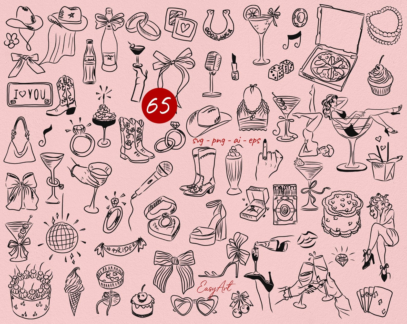 Hand Drawn Bachelorette Illustration Bundle Set, SVG PNG EPS Doodles ...