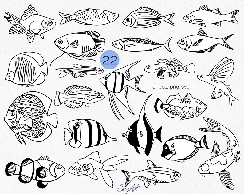 Line Fish Clipart, Hand Draw SVG, Outline Fish PNG, Invitation Template ...