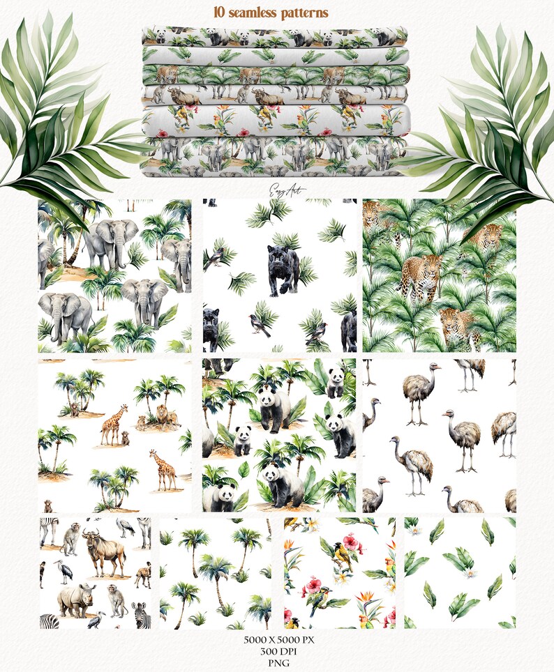 Watercolor Safari Animals Digital Paper, Watercolor Jungle Animals ...