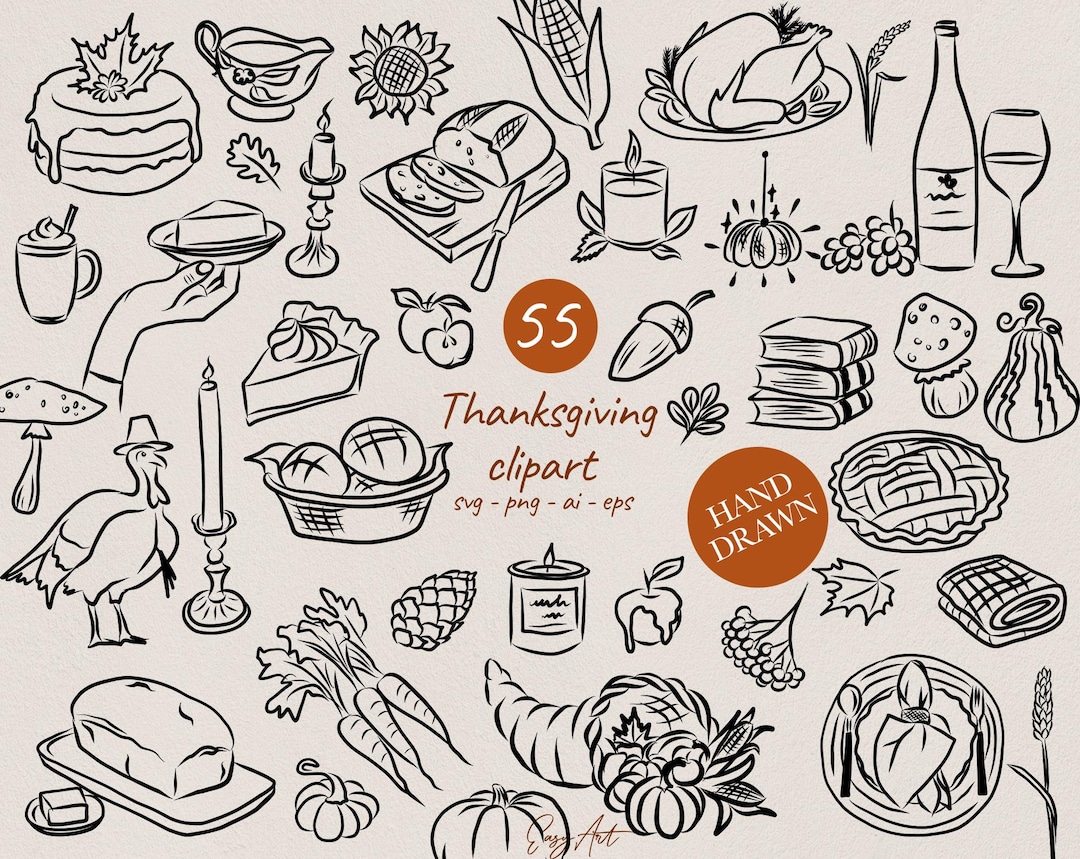 Hand Drawn Thanksgiving Clipart Bundle Set, Whimsical Fall SVG PNG EPS ...
