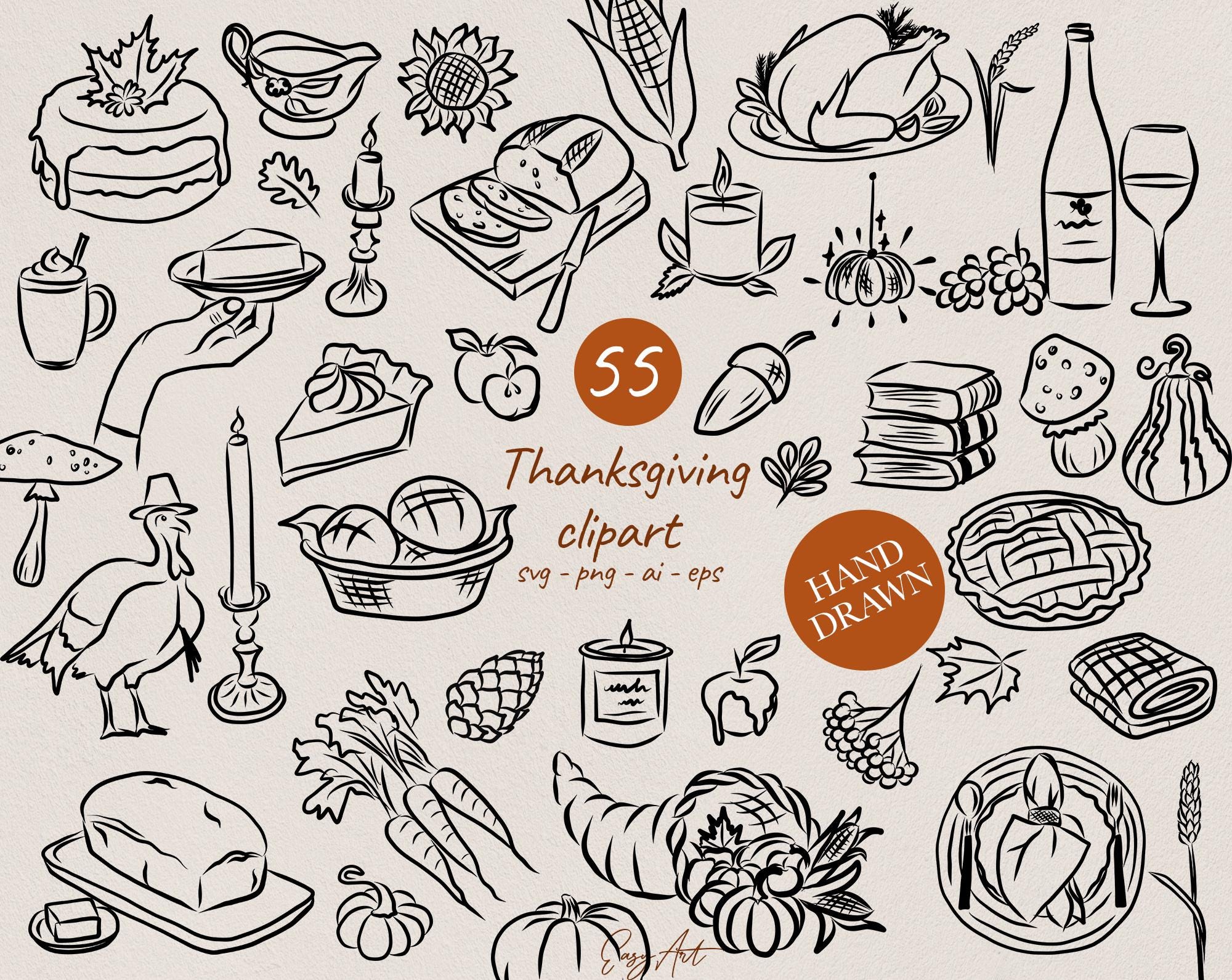Hand Drawn Thanksgiving Clipart Bundle Set, Whimsical Fall SVG PNG EPS ...