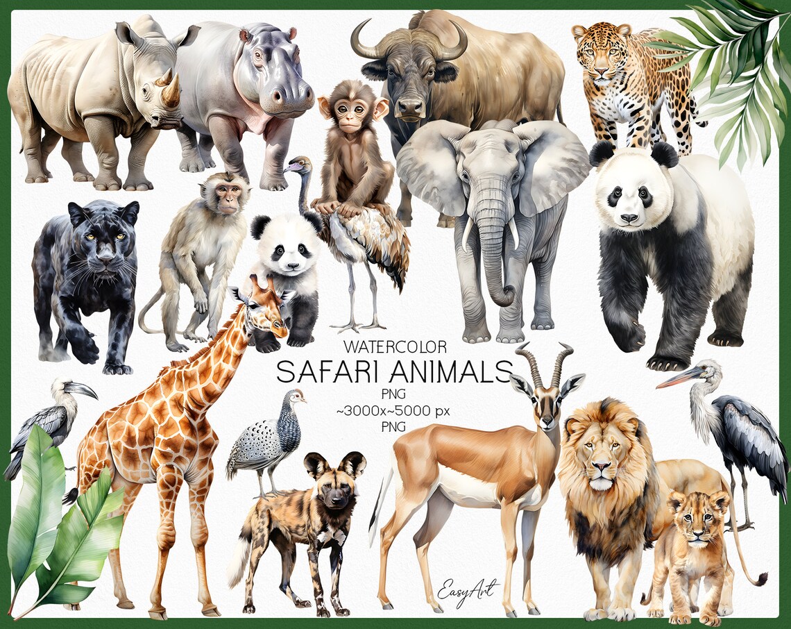 Watercolor Safari Animals Clipart, Watercolor Jungle Animals ...