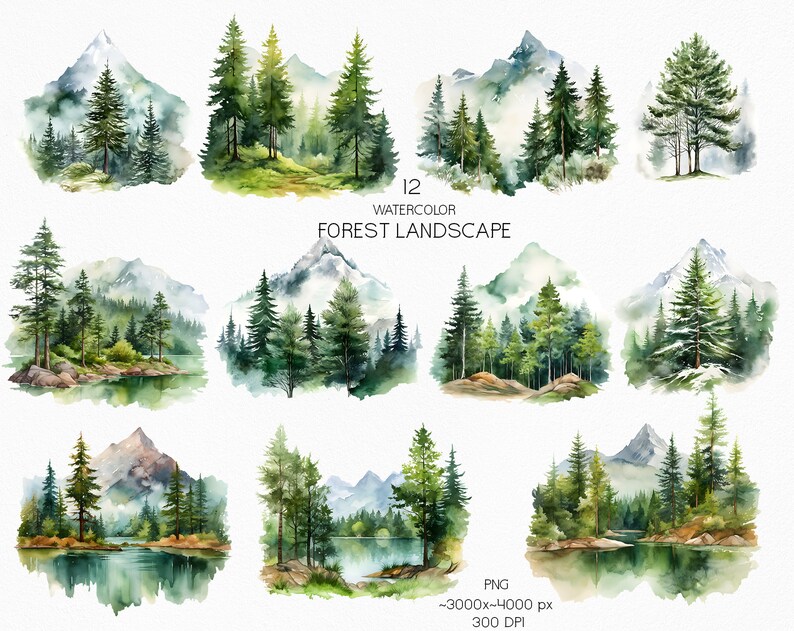 Watercolor Forest Landscape Clipart, Forest PNG, Watercolor Trees ...