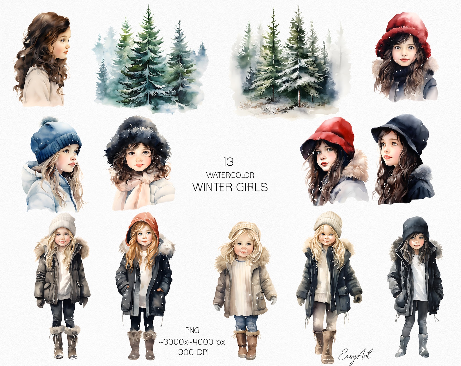 Watercolor Winter Girls Clipart, Forest Landscape Clipart, Watercolor ...