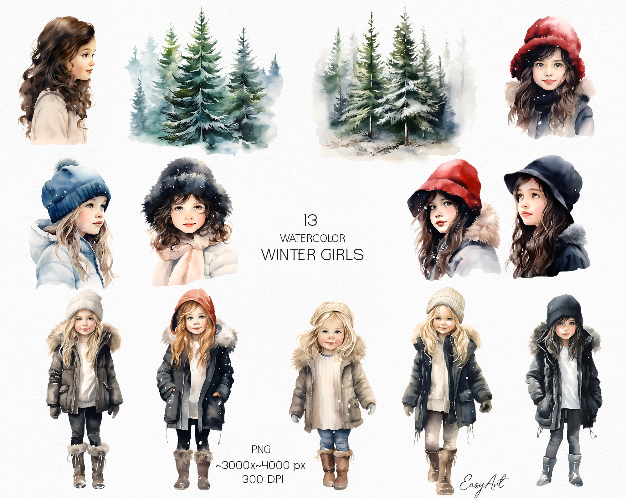 Watercolor Winter Girls Clipart, Forest Landscape Clipart, Watercolor ...