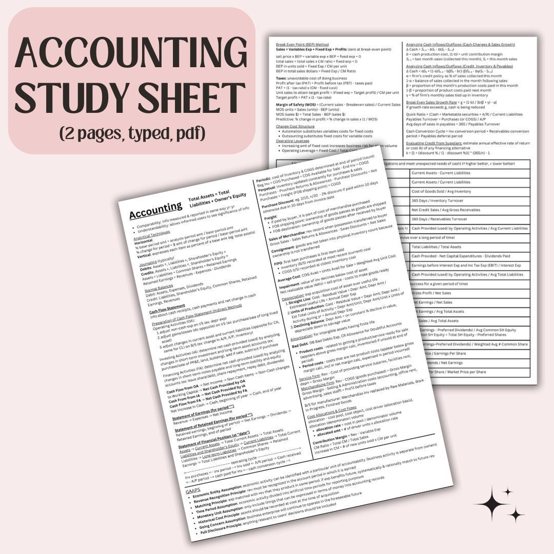 Accounting Study Sheet | Accounting Aid Sheet for Students and Exams ...