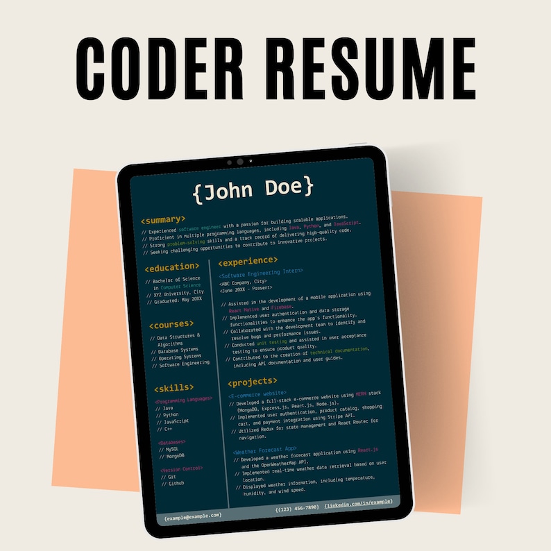 Code Editor Style Resume Template (dark Theme): Modern and Professional ...