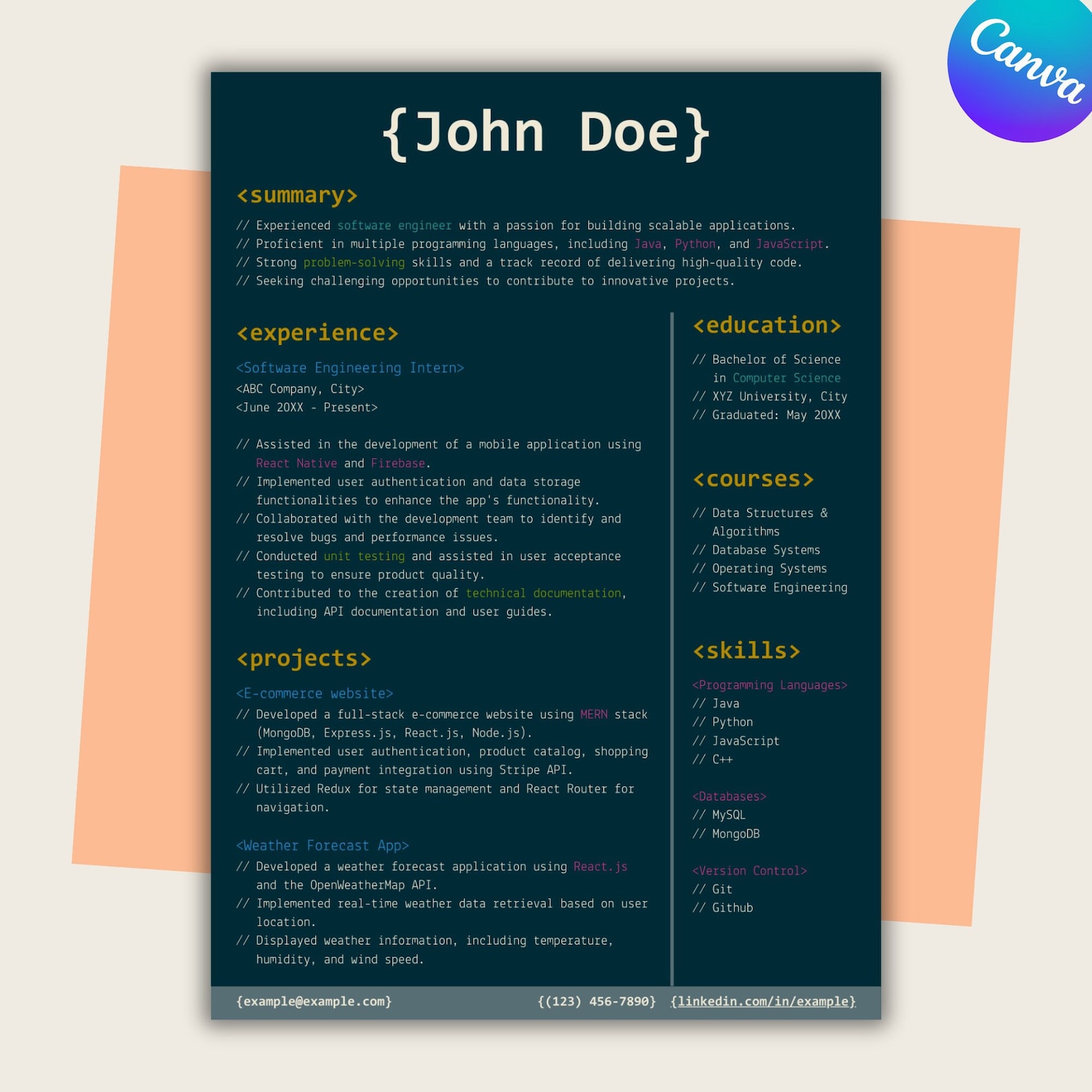 Code Editor Style Resume Template (dark Theme): Modern and Professional Design, Canva Resume ...