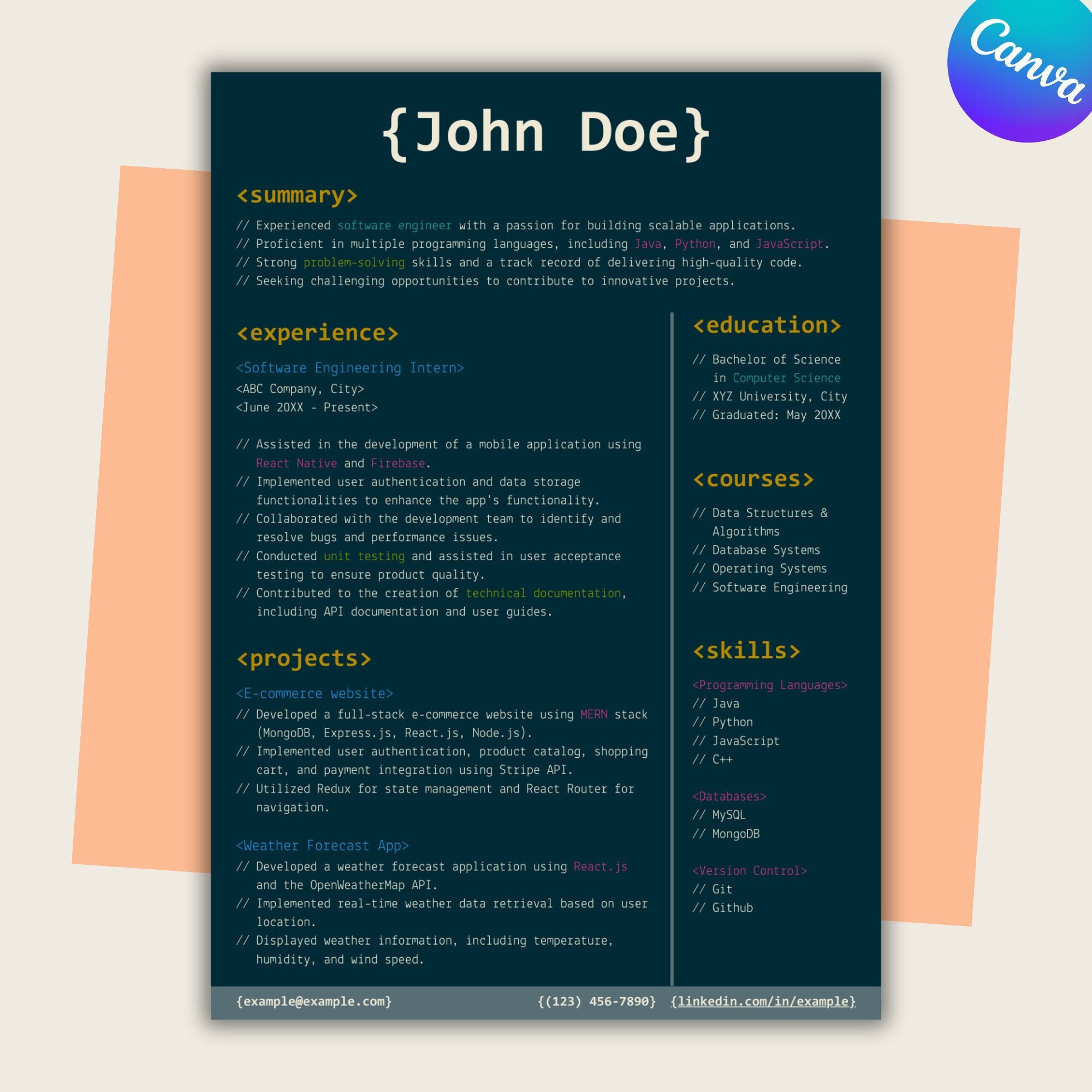 Code Editor Style Resume Template (dark Theme): Modern and Professional ...