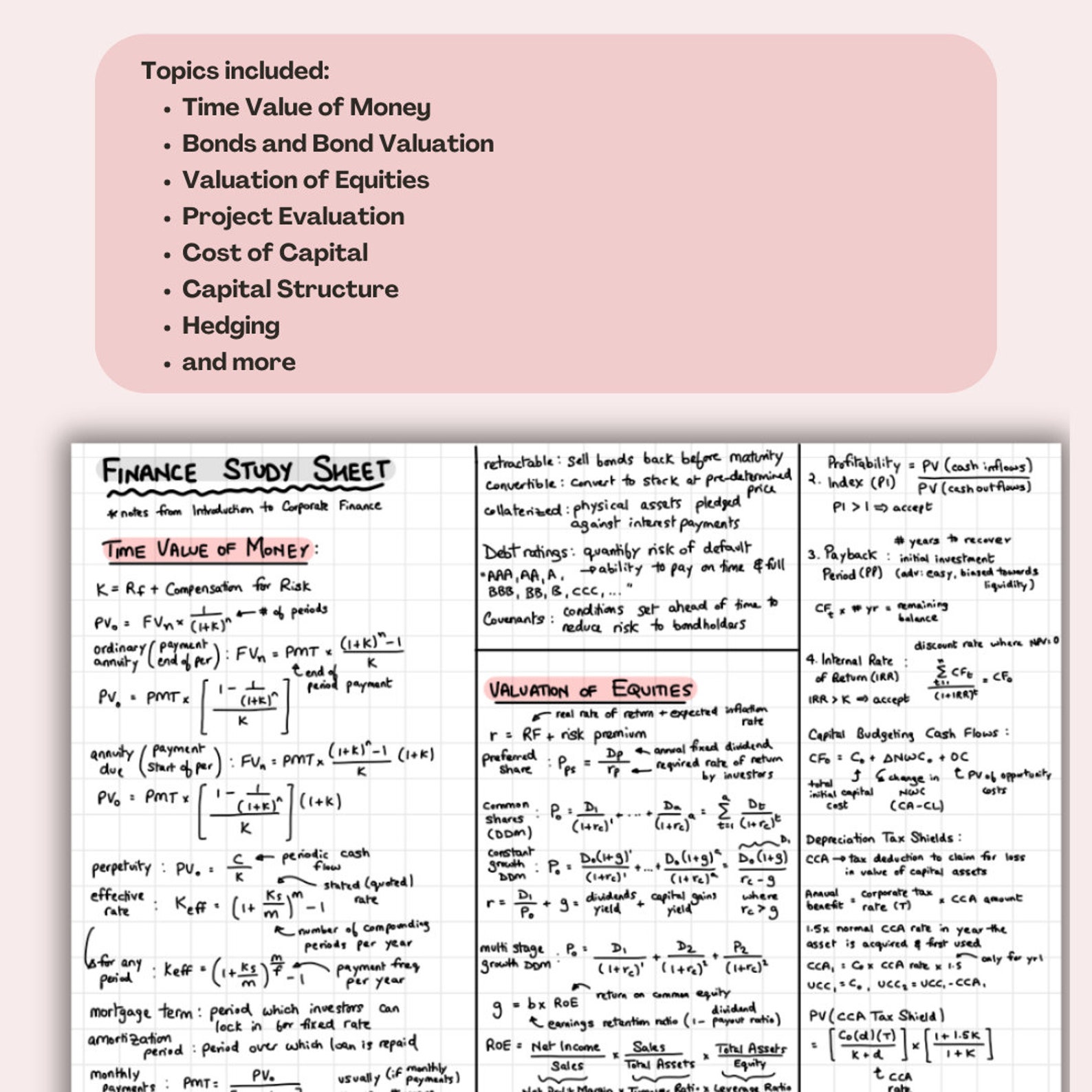 Finance Study Sheet | Finance Aid Sheet for Students and Exams, Single ...
