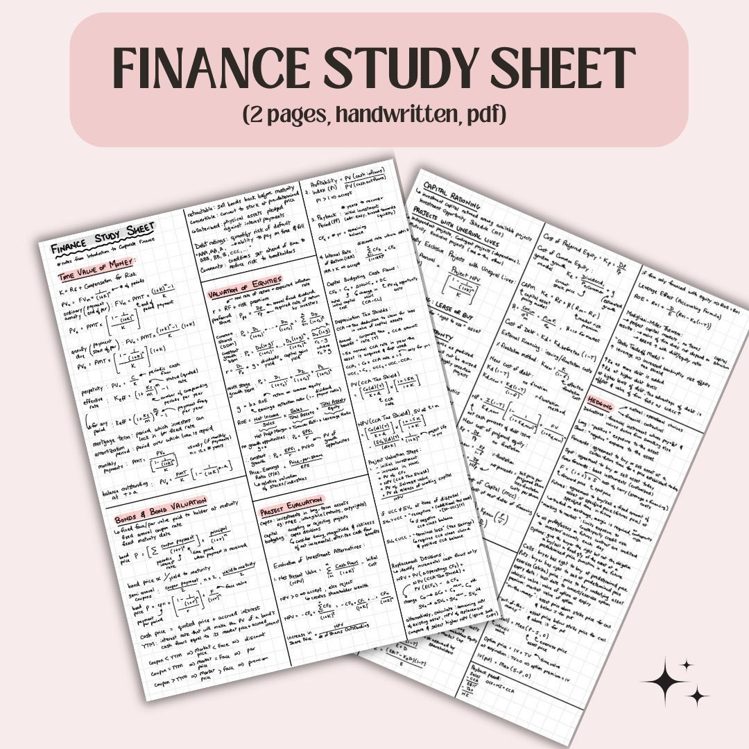 Finance Study Sheet | Finance Aid Sheet for Students and Exams, Single ...