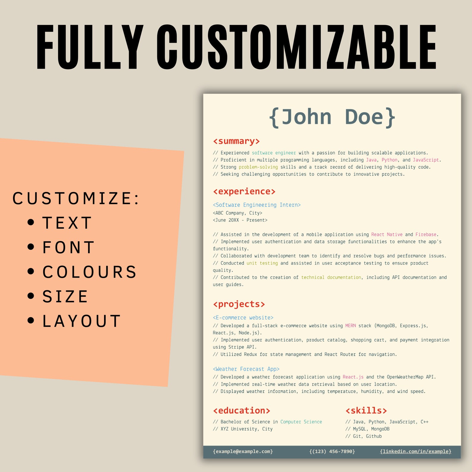 Code Editor Style Resume Template (light Theme): Modern and ...