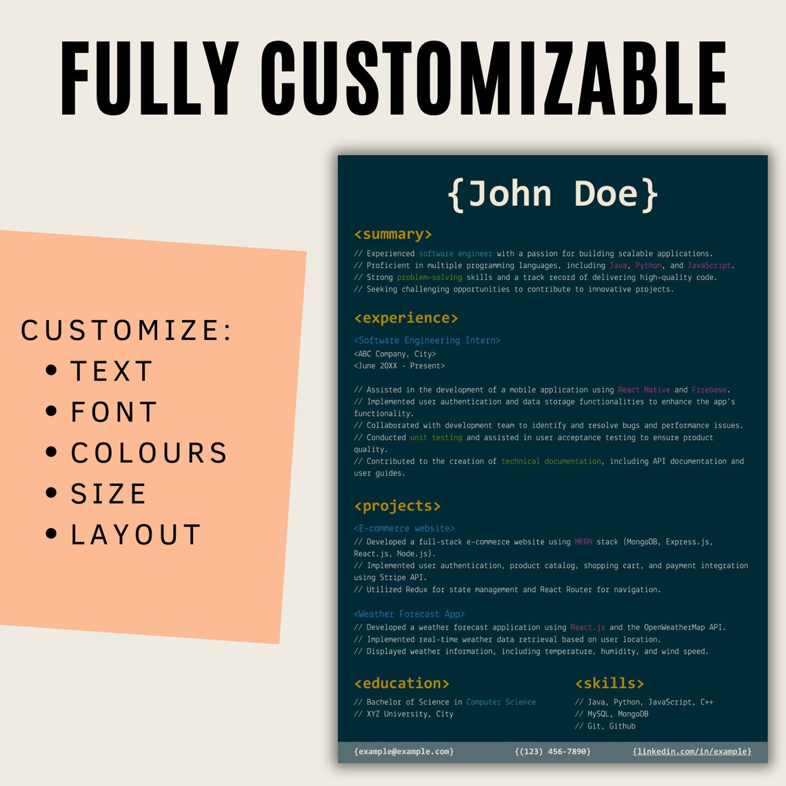 Code Editor Style Resume Template (dark Theme): Modern and Professional ...