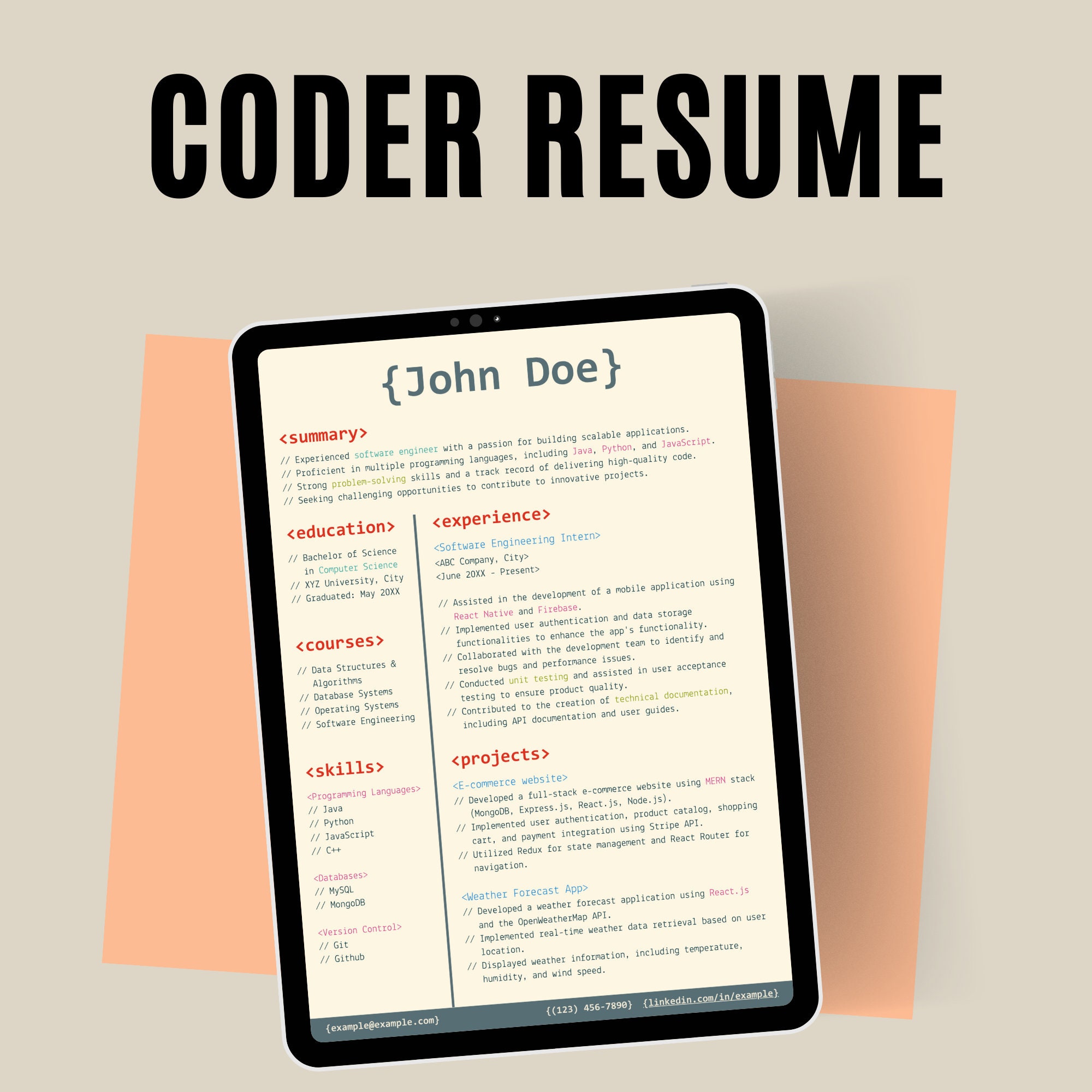 Code Editor Style Resume Template (light Theme): Modern and ...