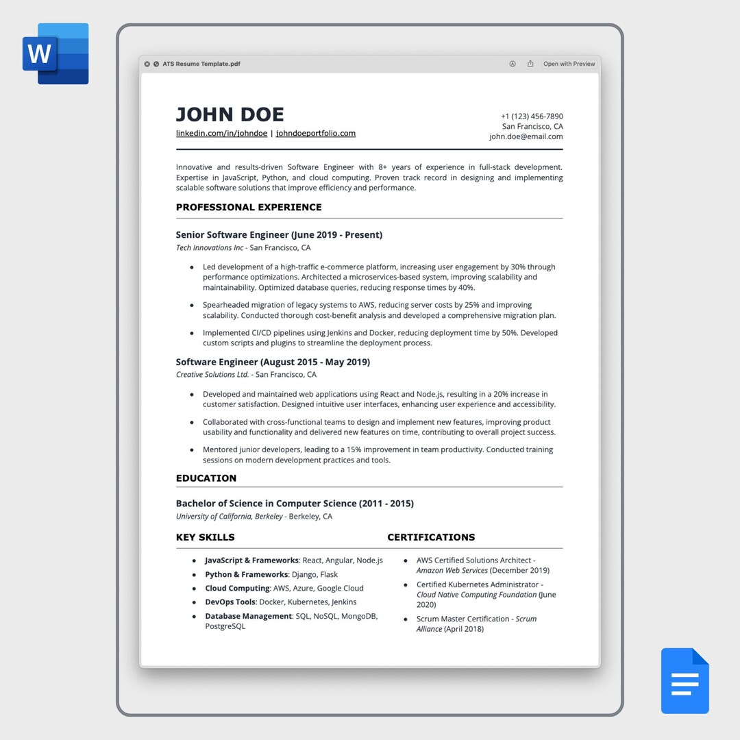 ATS Optimized Resume Template | for MS Word and Google Docs ...