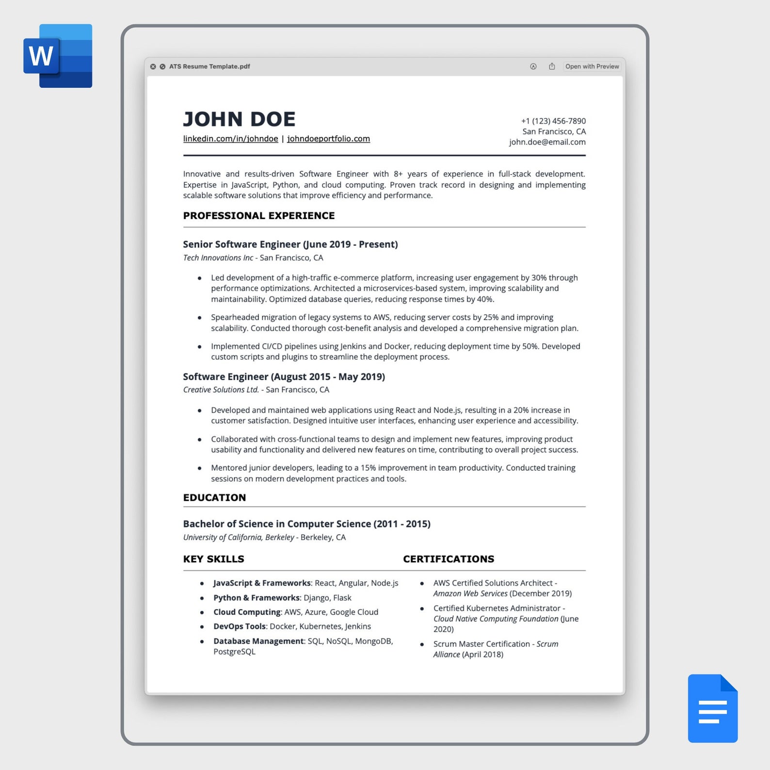 ATS Optimized Resume Template | for MS Word and Google Docs ...