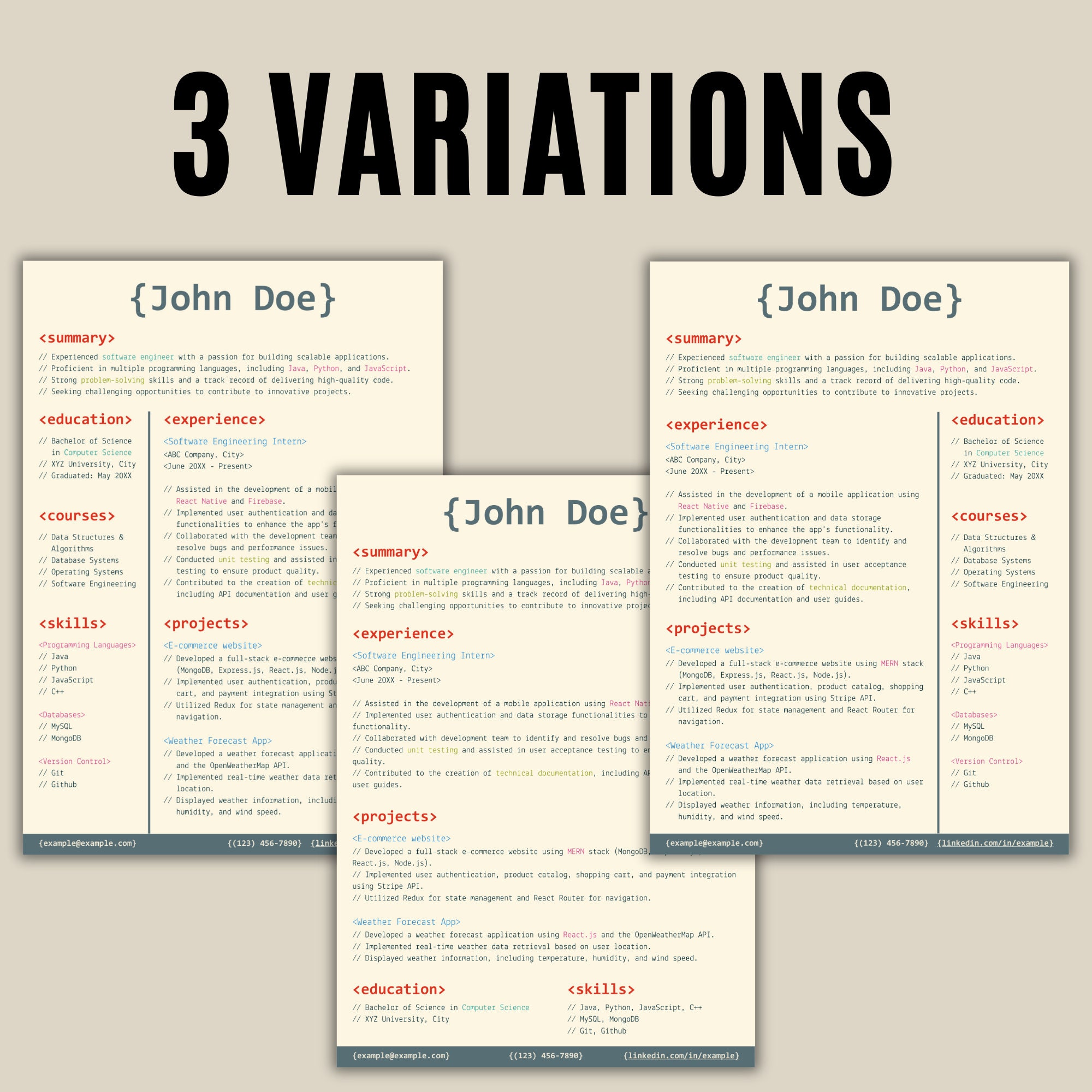 Code Editor Style Resume Template (light Theme): Modern and ...