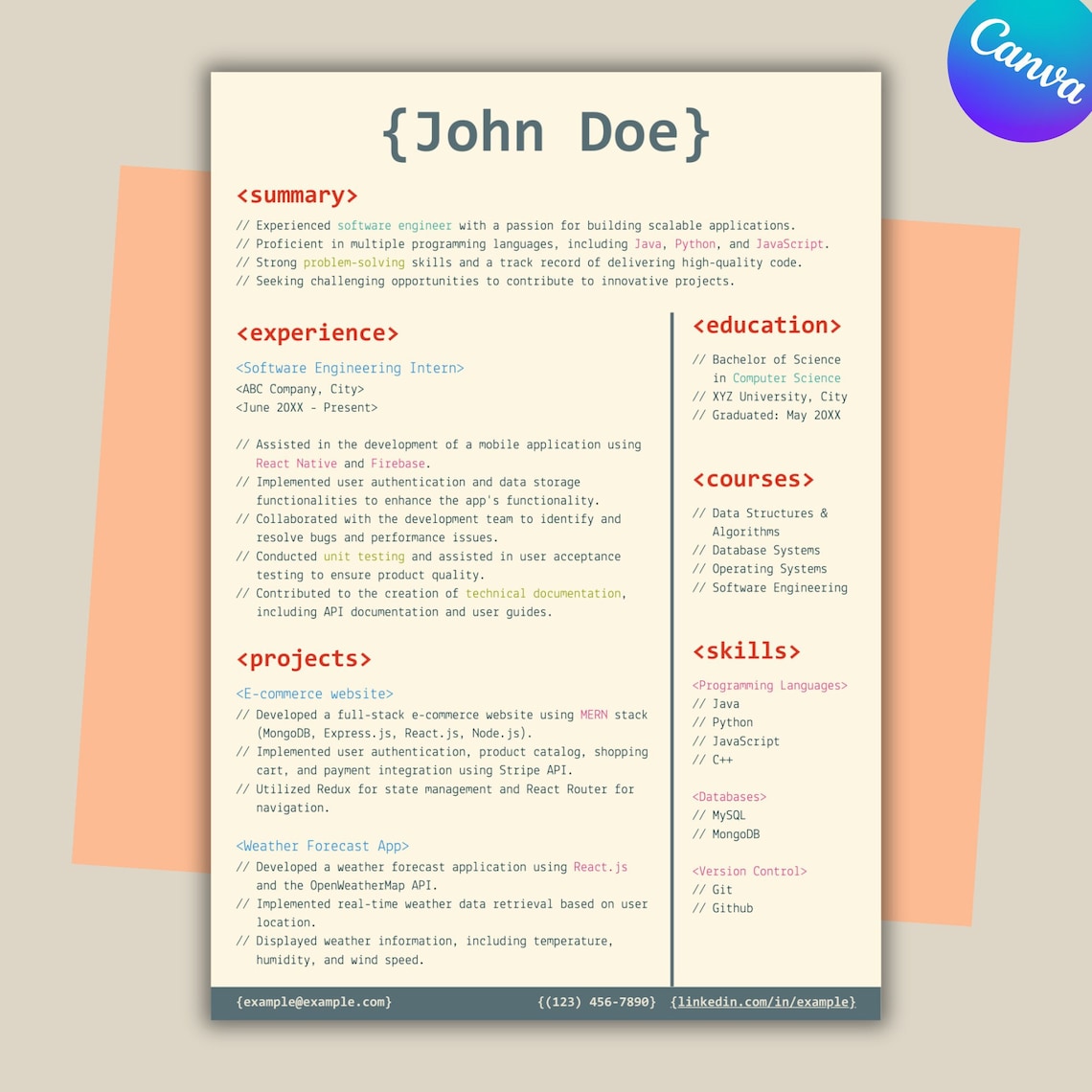 Code Editor Style Resume Template (light Theme): Modern and ...