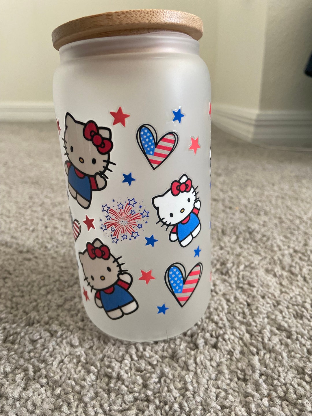 Red White Blue Cute Kitty Frosted 16oz Cold Cup Patriotic 4th of July ...