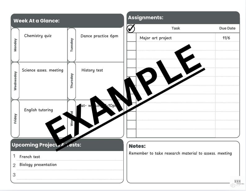 Weekly Student Planner Printable- Black & White + Colour Versions - Etsy