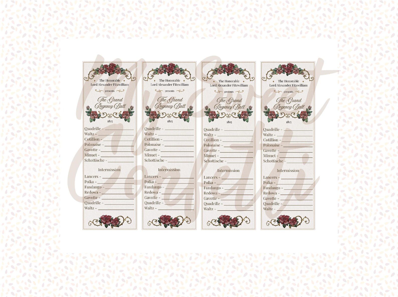 Editable Regency Dance Card Bookmark | Printable Bookmark | Digital ...